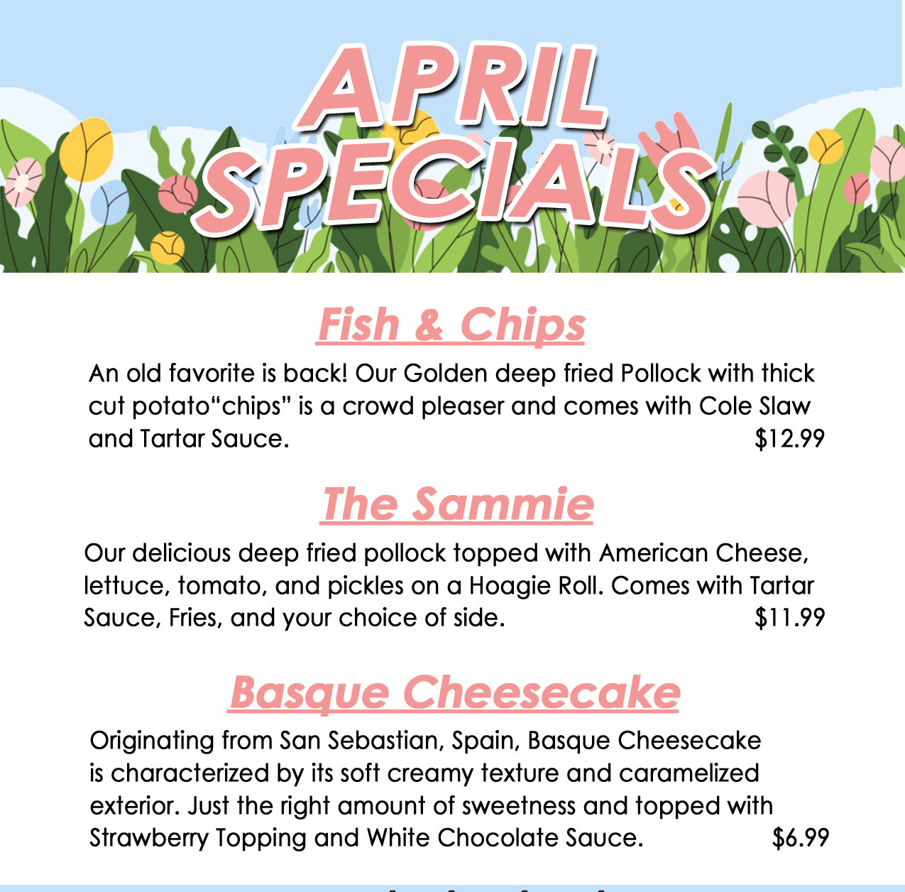 April Specials – Allsports Cafe